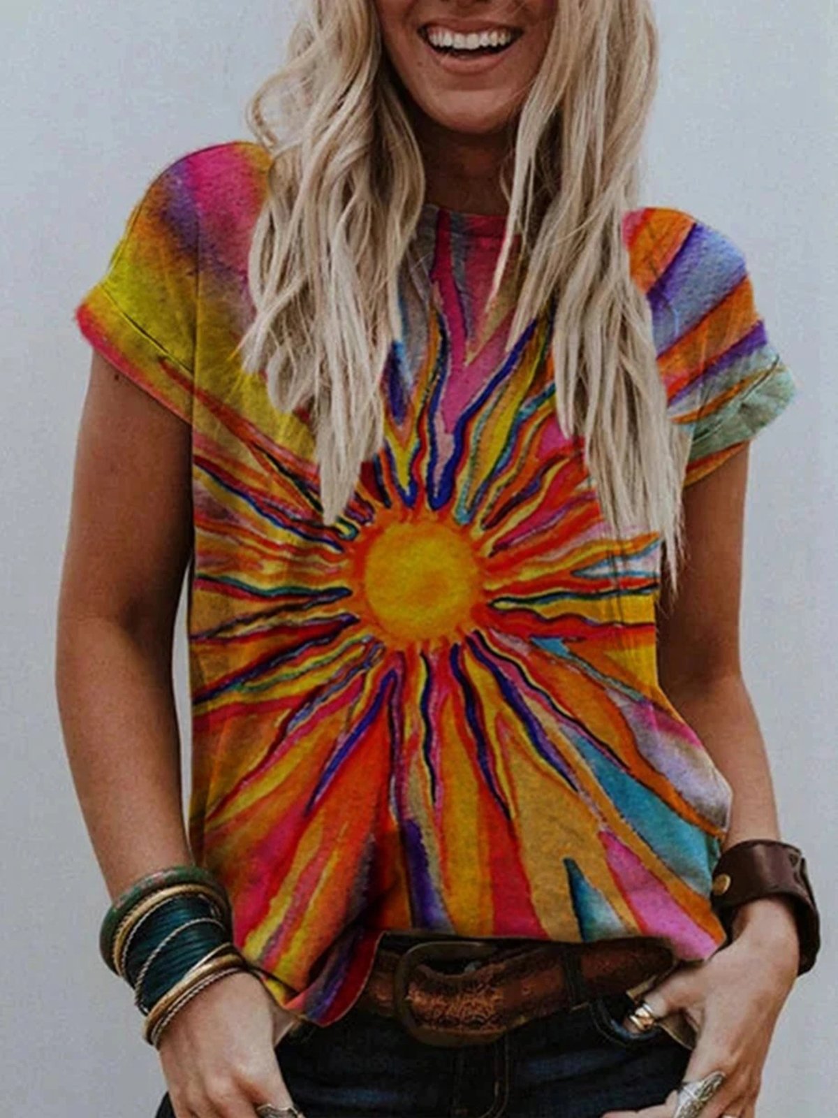 Colorful gradient sun print T-shirt